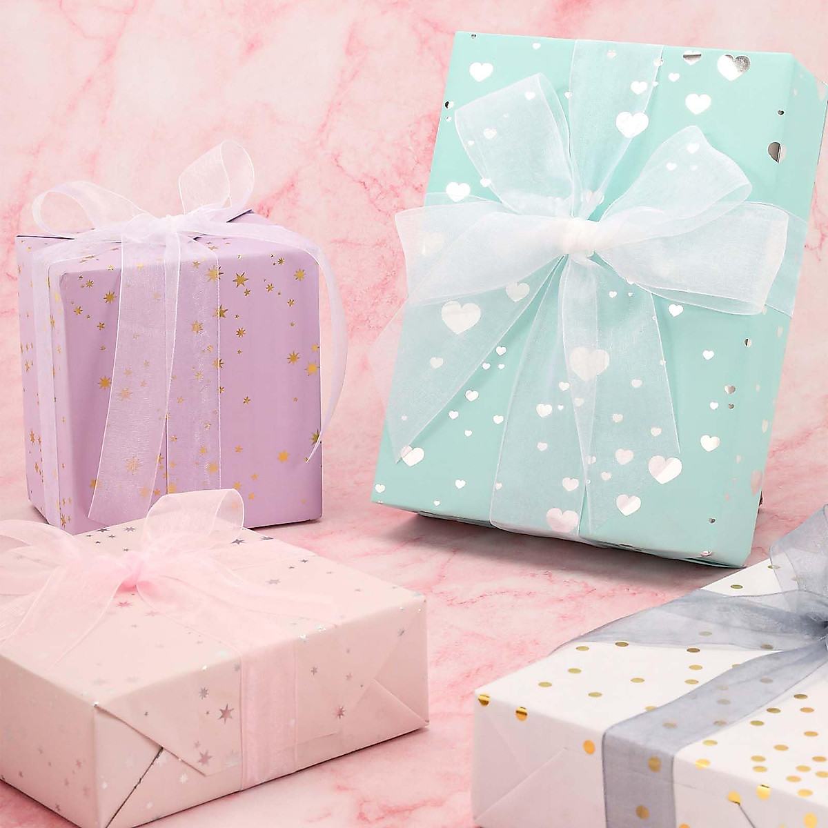 LaRibbons Wrapping Paper Roll - Hearts/Polka Dots/Stars (2 Kinds) Design for Birthday, Mother Day, Valentine's Day, Wedding, Baby Shower - 4 Rolls - 30 inch X 120 inch Per Roll