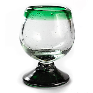 MEXTEQUIL - Authentic Mexican Tequila Hand Blown Shot Glasses - Set of 4-2 oz - Mini Glass Snifters - Heavy Base - Cognac (Green Rim)
