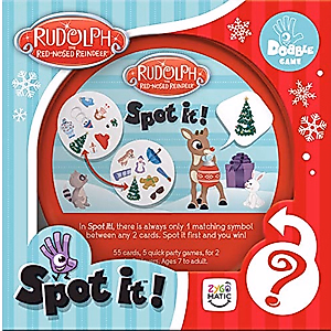 USAOPOLY Spot It! Rudolph | Fun Card Game for Kids and Adults | Featuring Rudolph, Santa Claus, Yukon Cornelius, Bumbles and More | Licensed Rudolph The Red Nosed Reindeer Game