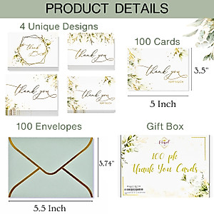 REGAL DECORATIONS Luxury 100 Pack Thank You Cards with Envelopes Bulk, Sage Green And Gold Foil Stamped -5x3.5 Inches. Ideal For Wedding, Blank Thank You Notes, Baby Shower Thank You Cards, Bridal Shower, Small Business, Graduation, Kids, Sympathy