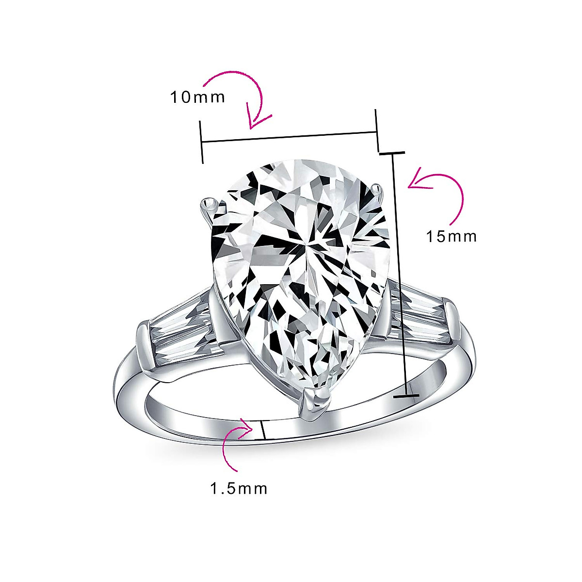 Bridal Wedding 7CT AAA CZ Pear Shaped Brilliant Cut Solitaire Teardrop Statement Engagement Ring For Women Thin Band .925 Sterling Silver Cubic Zirconia Baguette Side Stones