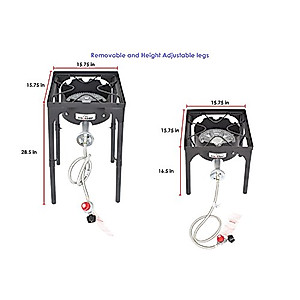 COOKAMP High Pressure Propane Burner Banjo Single Wok Burner with Adjustable Height. 0-20 PSI Adjustable Regulator and Steel Braided Hose SA1550