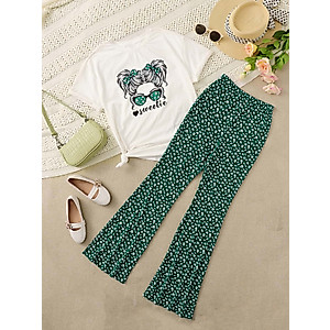 SOLY HUX Girl's Two Piece Outfits Summer Tops Short Sleeve T-Shirt Figure Graphic Tee and Pants Bell Bottom Flared Pants Set White and Green 11 Years