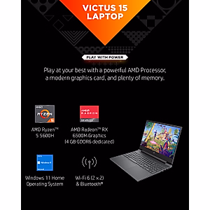 HP Victus 15 Gaming Laptop, AMD Radeon RX 6500M Graphics, AMD Ryzen 5 5600H, 8 GB RAM, 512 GB SSD, Full HD Display, Windows 11 Home, Backlit Keyboard, Enhanced Thermals (15-fb0010nr, 2022)