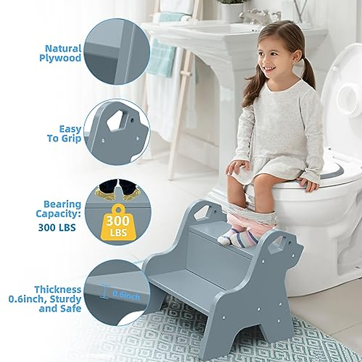 Jemyda 2 Step Stool for Kids, Toddler Step Stool for Bathroom Sink, Non-Slip Kid Stool for Toilet Potty Training, Durable Sturdy Step Stool for Kitchen (Grey Dog)
