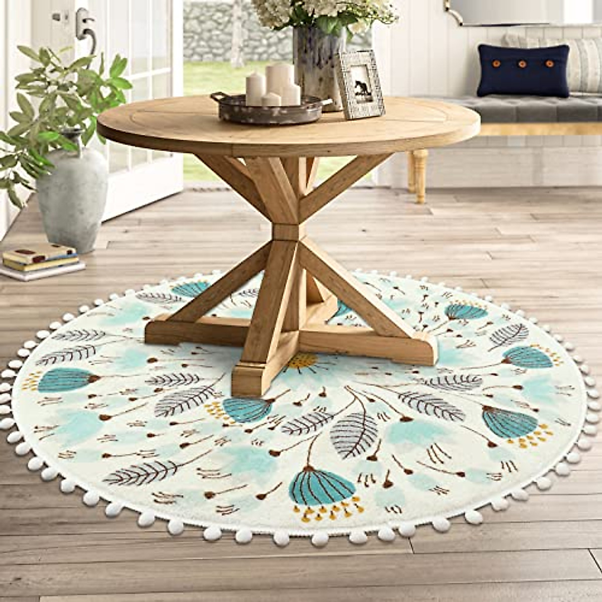 Uphome Round Rug for Bedroom 4' Circle Cute Area Rug with Pom Poms Fringe Floral Plant Washable Throw Rugs Non-Slip Soft Floor Mats for Entryway Laundry Living Room Kids Room Nursery