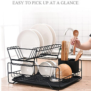 Lanrinwon Black Dish Drying Rack,2 Tier Stainless Steel Chrome Dish Racks for Kitchen Counter Sink Large Dish Drainer with Removable Black Drainboard
