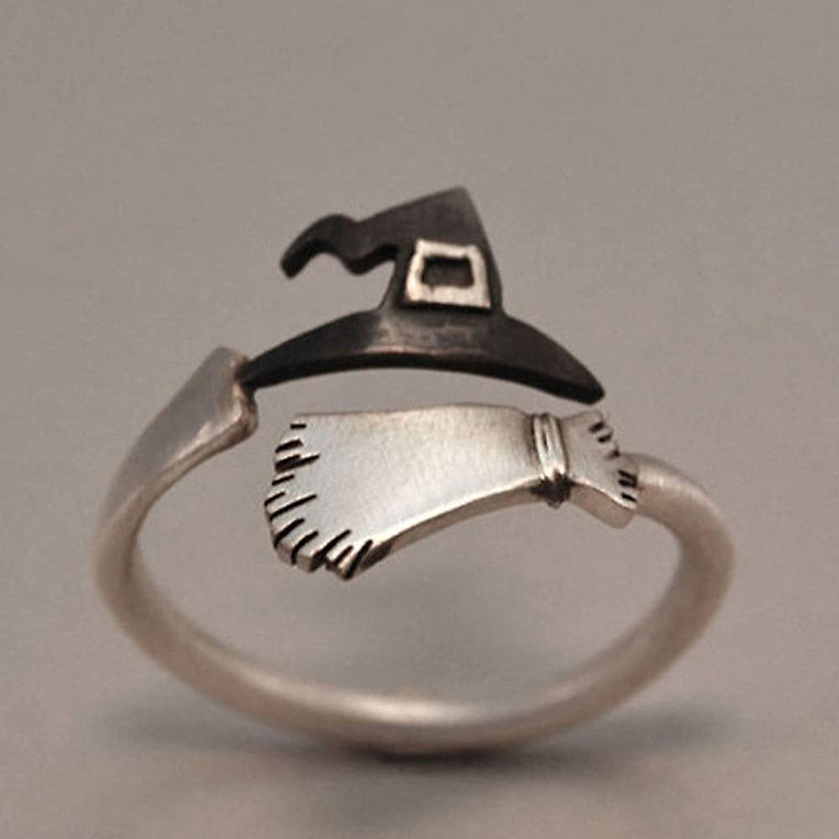 shiYsRL Exquisite Jewelry Ring Love Rings Cute Women Halloween Witch Hat Broom Open Finger Ring Adjustable Jewelry Gift Wedding Band Best Gifts for Love with Valentine's Day - Silver US 10