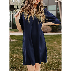 QACOHU Summer Dresses for Women 2025 Ruffle Sleeves Split V-Neck Straight Fit Solid Color Slim Dress Blue M