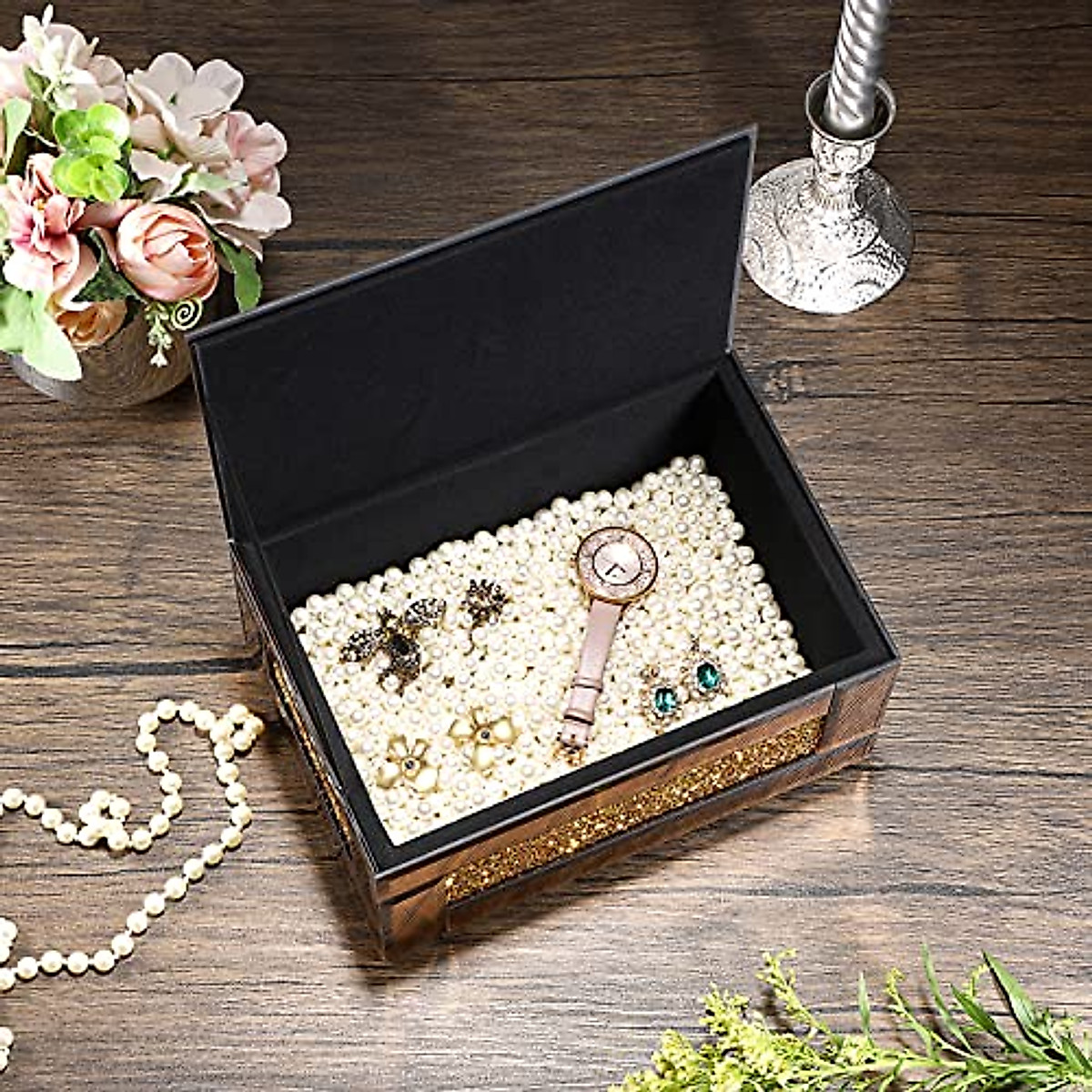 Hipiwe Glass Mirrored Jewelry Box with Crushed Diamond Decor Jewelry Trinket Organizer Box Keepsake Box Treasure Chest Case for Rings Earrings Necklace Storage Box (Large, Gold)
