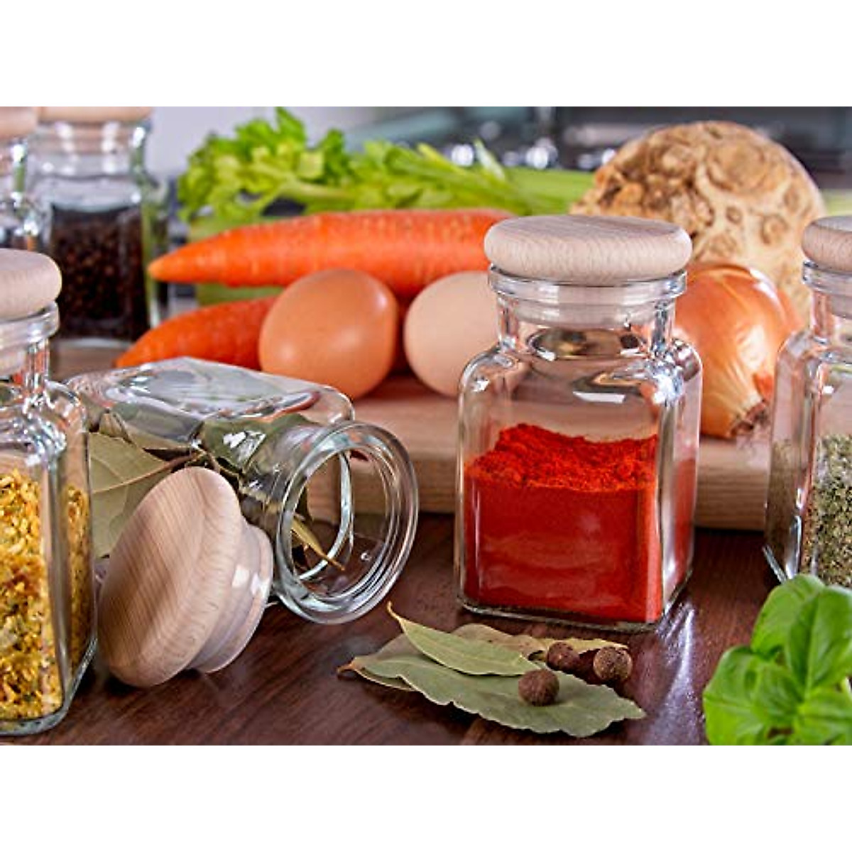 Kirrex Glass Spice Jars with Wooden Lid, 5oz (8 Jars)