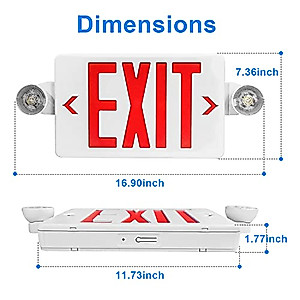 LED Exit Sign with Emergency Light, Red Exit Sign Light with 90 Minute Battery Backup, Red Letter Emergency Exit Sign Light with Two Adjustable Heads, AC 120-277V, UL Listed (1-Pack)