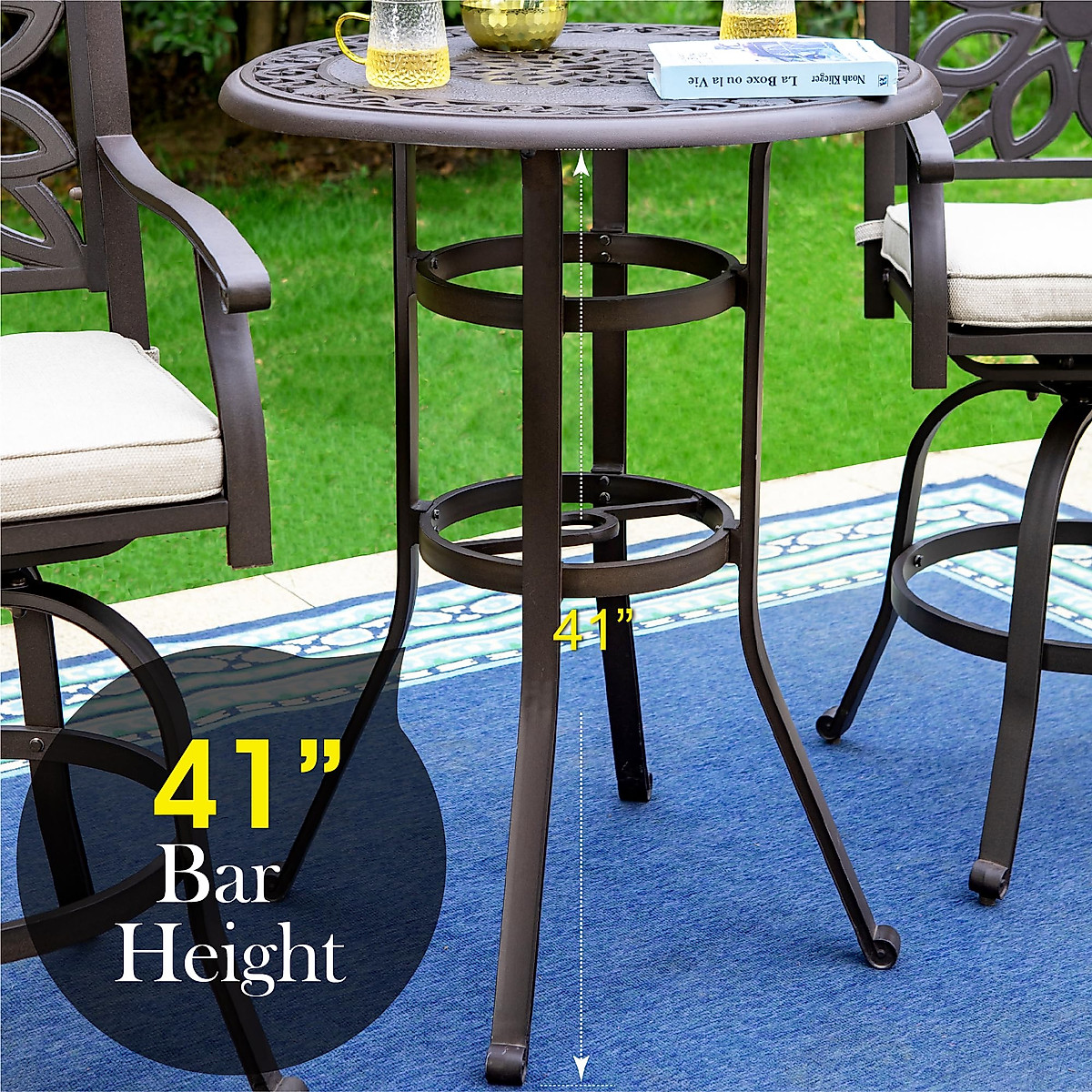 PHI VILLA Patio Furniture Set, Brown 3Pcs Cast Aluminum High Top Table and Swivel Bar Stools with Cushion, Pub Bistro Set for Outdoor