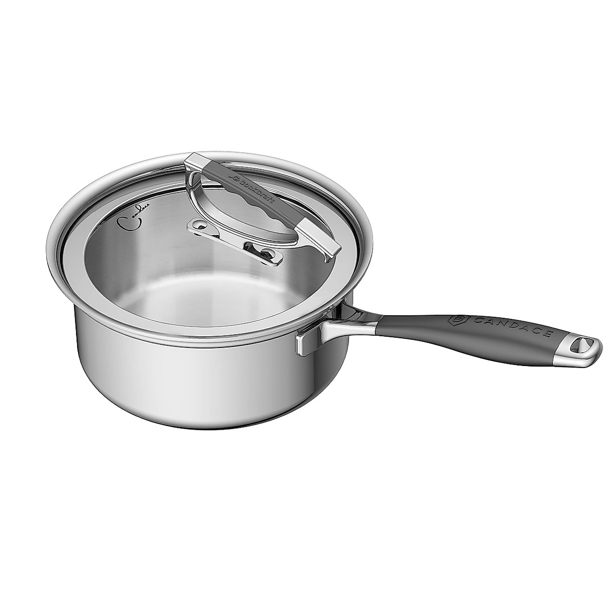 CookCraft by Candace | 3 Quart Tri-Ply Bonded Stainless Steel Aluminum Core Dishwasher Safe Sauce Pan with Glass Latch Lid