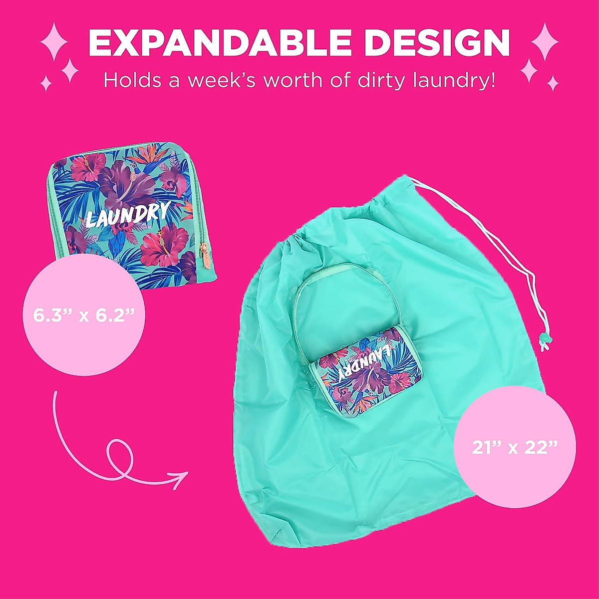 Miamica Soft Travel Laundry Bag with Zipper and Drawstring, Hibiscus, 21” x 22” – Keep Your Dirty Clothes Separate and Your Suitcase Organized – Expandable, Durable, and Foldable Laundry Bag