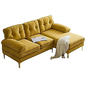 Eafurn Button Tufted Velvet Sectional, L-Shape Corner Extra Wide Chaise Lounge and Arm-Pillows, Right Hand Facing Comfy Sofa & Couches for Living Room,Up to 3 Seating Capacity, Yellow 83"