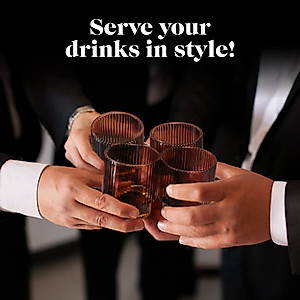 American Atelier Vintage Art Deco Fluted Drinking Glasses, Set of 4 Modern Kitchen Glassware Set | Old Fashion Tumbler for Cocktails and Water | Ribbed Lowball Glass Cup for Whiskey (Smoke Grey)