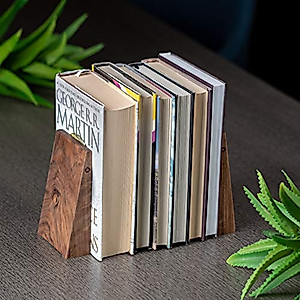 TILISMA Book Ends for Shelves - Handmade Wooden Bookends with Metal Base, Walnut Tree - Sturdy Book Holders for Heavy Books - Fancy Modern Decorative Book Accessories to Hold Books Firmly on Bookshelf