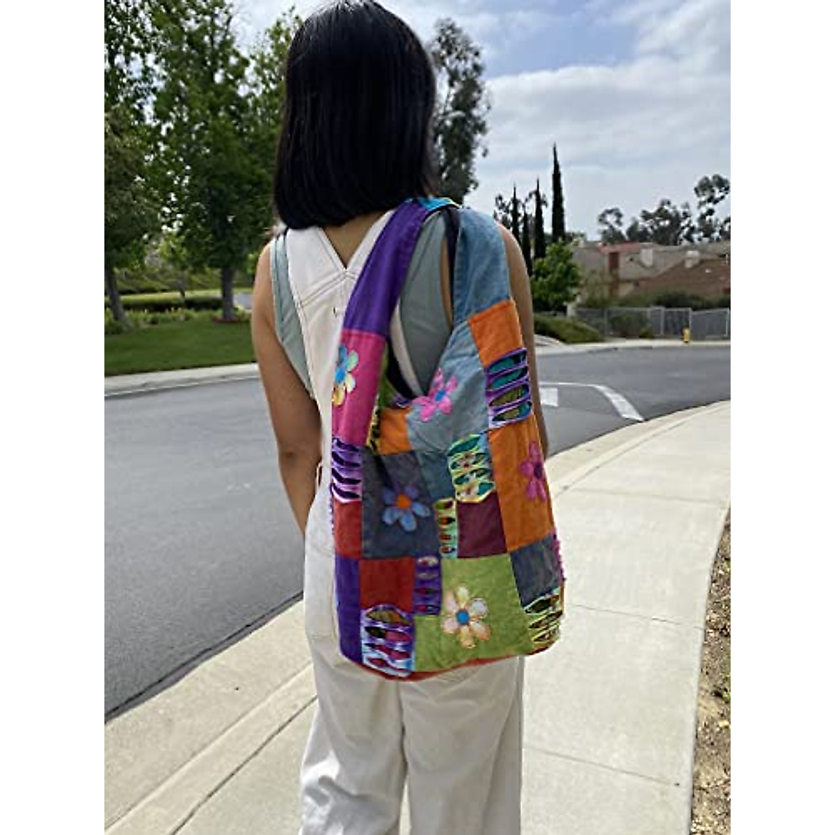 Happy Flowers Razor Cut Hippie Patchwork Sling Crossbody Boho Handbag Bohemian Purse
