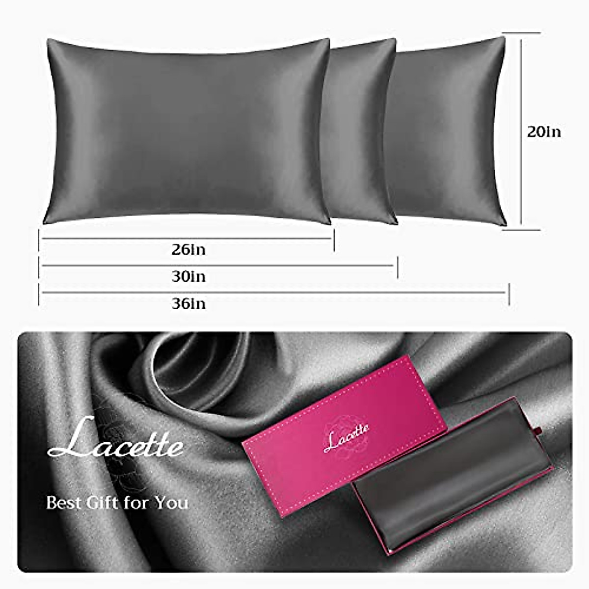 Silk Pillowcase for Hair and Skin, Lacette 22 Momme 6A Soft Mulberry Silk Pillowcase with Hidden Zipper, 600 Thread Count, Dual Side Silk/Wood Pulp Fiber, Gift Box(Grey, Standard 20"x26", 1 Pack)