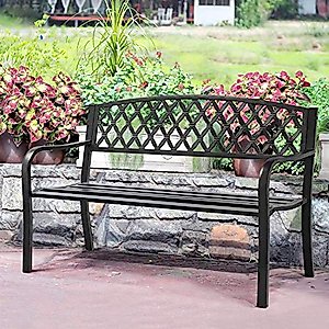 Metal Garden Park Bench,50in Powder Coated Iron Steel Frame Patio Bench wCross Design Backrest & Slatted Seat,Exquisite Grid Embellishment Patio Metal Bench for Front Porch Yard Lawn Deck,Black