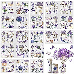 Honoson 20 Sheets Lavender Iron on Transfers for Crafts Flower Heat Transfer Stickers Vintage Purple Floral Iron on Decals Patches Lavender Iron on Sticker for Home Furniture DIY Paper Wood (Lavender)