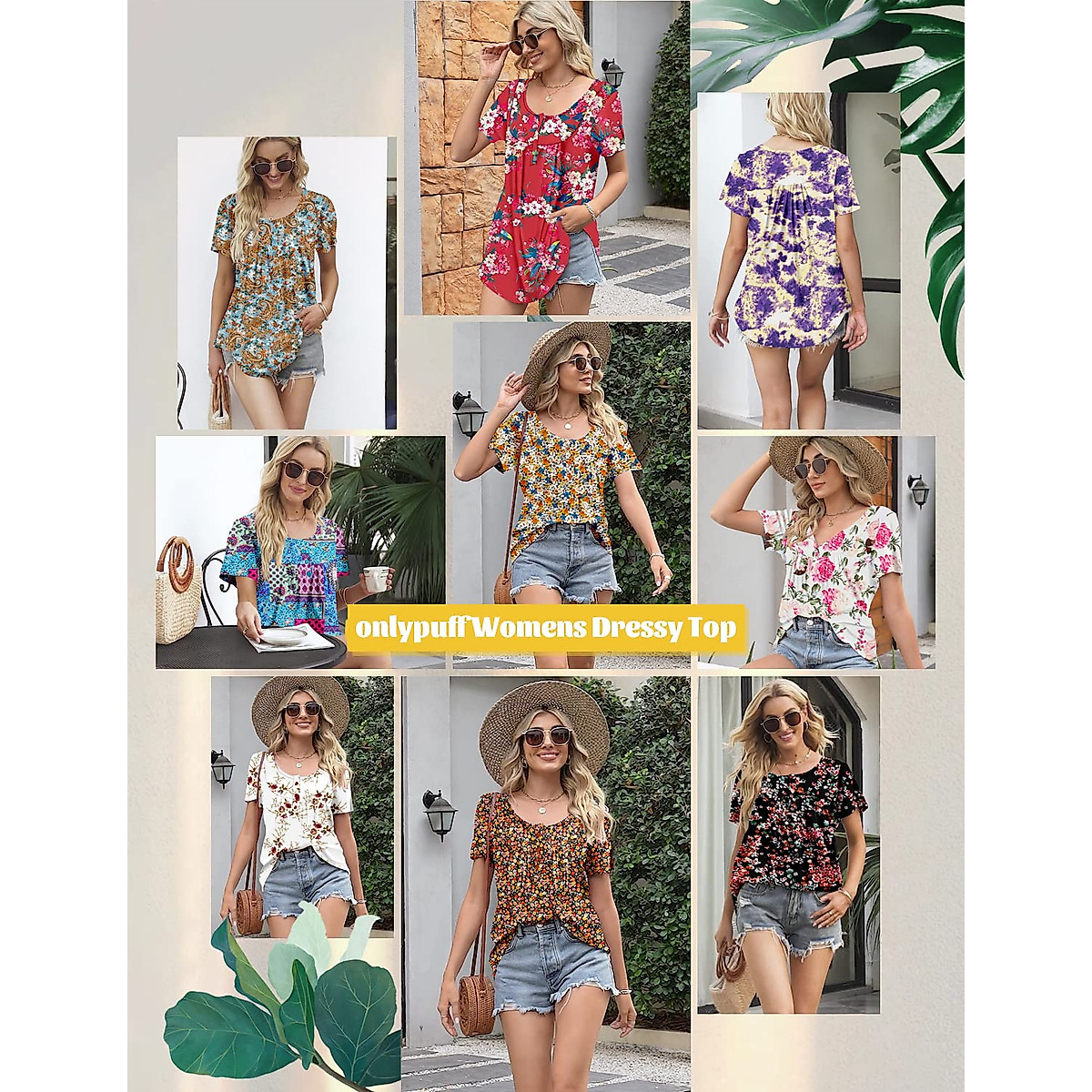 onlypuff Babydoll Tops for Women Flowy Summer Tunic Tops Casual Floral Short Sleeve Flowy Tops to Hide Belly Blouse Yellow S