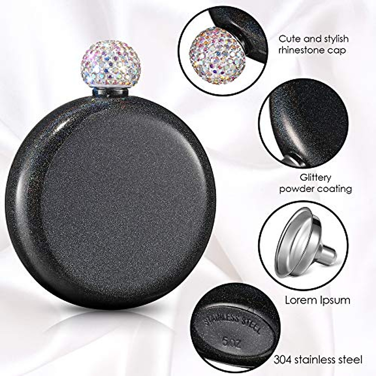 2 Pieces Cute Liquor Flask for Women Stainless Steel Flask Crystal Liquor Glitter Whiskey Flasks 5 oz Cute Liquor Flask with Crystal Lid, Funnel and Glitter Coating for Women Present (Black and White)