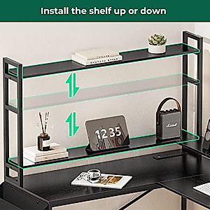 Huuger L Shaped Desk Gaming Desk with LED Lights & Power Outlets, Computer Desk with Storage Shelves, Corner Desk Home Office Desks for Bedroom, Black