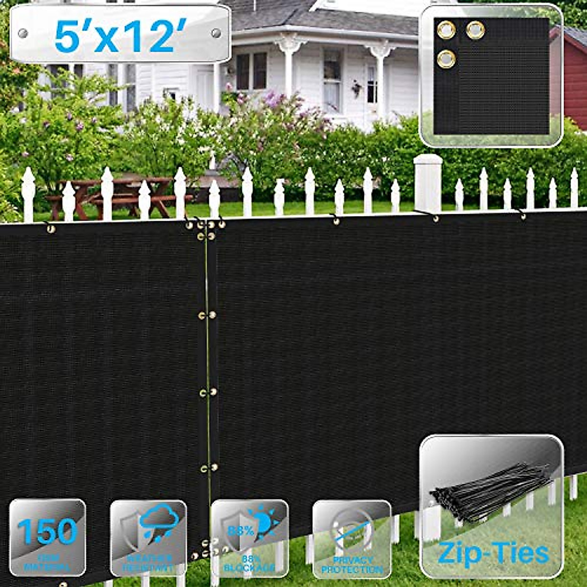 Patio 5' x 12' Fence Privacy Screen Black Commercial Grade Mesh Shade Fabric with Brass Gromment Outdoor Windscreen Zipties