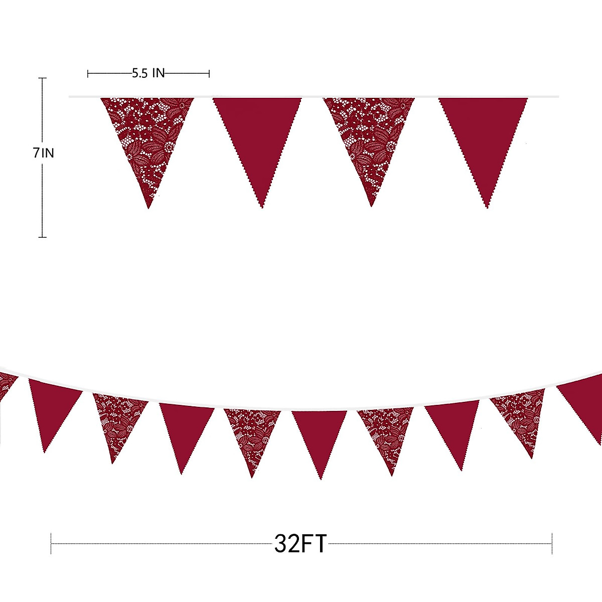 32Ft Burgundy Pennant Banner Red Wine Fabric Triangle Flag Maroon Lace Bunting Garland Streamers for Wedding Birthday Anniversary Bachelorette Baby Bridal Shower Engagement Hen Party Decorations