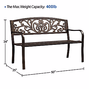 Topeakmart Outdoor Garden Bench Patio Park Iron Metal Frame Bench Outdoor Yard Furniture Clearance w/Backrest, Slatted Seat for Porch, Deck, Entryway, Backyard, Bronze