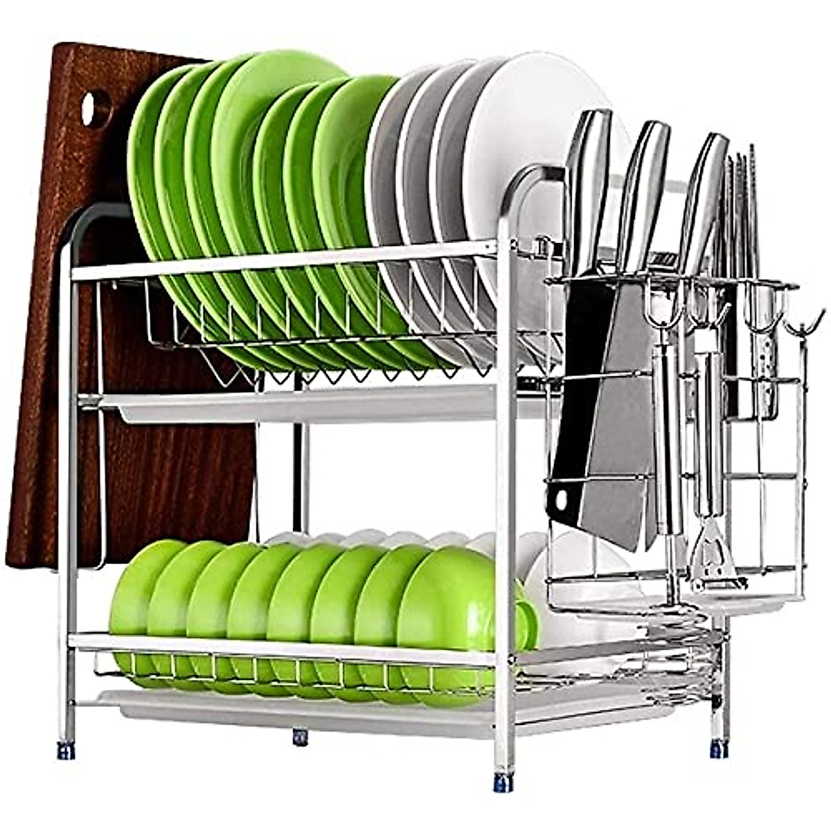 Plate Rack Draining Dish Rack Dish Drying Rack 304 Stainless Steel 2 Tier Dish Rack With Drain Board, Utensil Holder, Cutting Board Pan Plate Holder