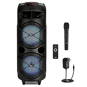 Pyle Portable Bluetooth PA Speaker-300W Dual 8" Rechargeable Indoor/Outdoor BT Karaoke Audio System-TWS, Party Lights, LED Display, FM/AUX/MP3/USB, 6.5mm in, Carry Handle-Wireless Mic, Remote Control