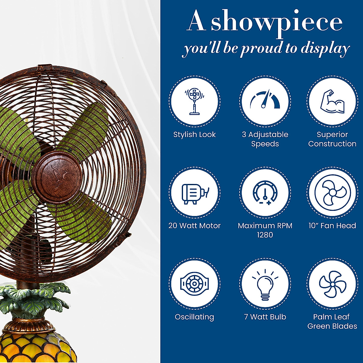 DecoBREEZE Oscillating Table Fan with Lamp, 3-Speed Portable Fan, Pineapple, Mosaic Glass Antique Fan and Lamp, 10 inches