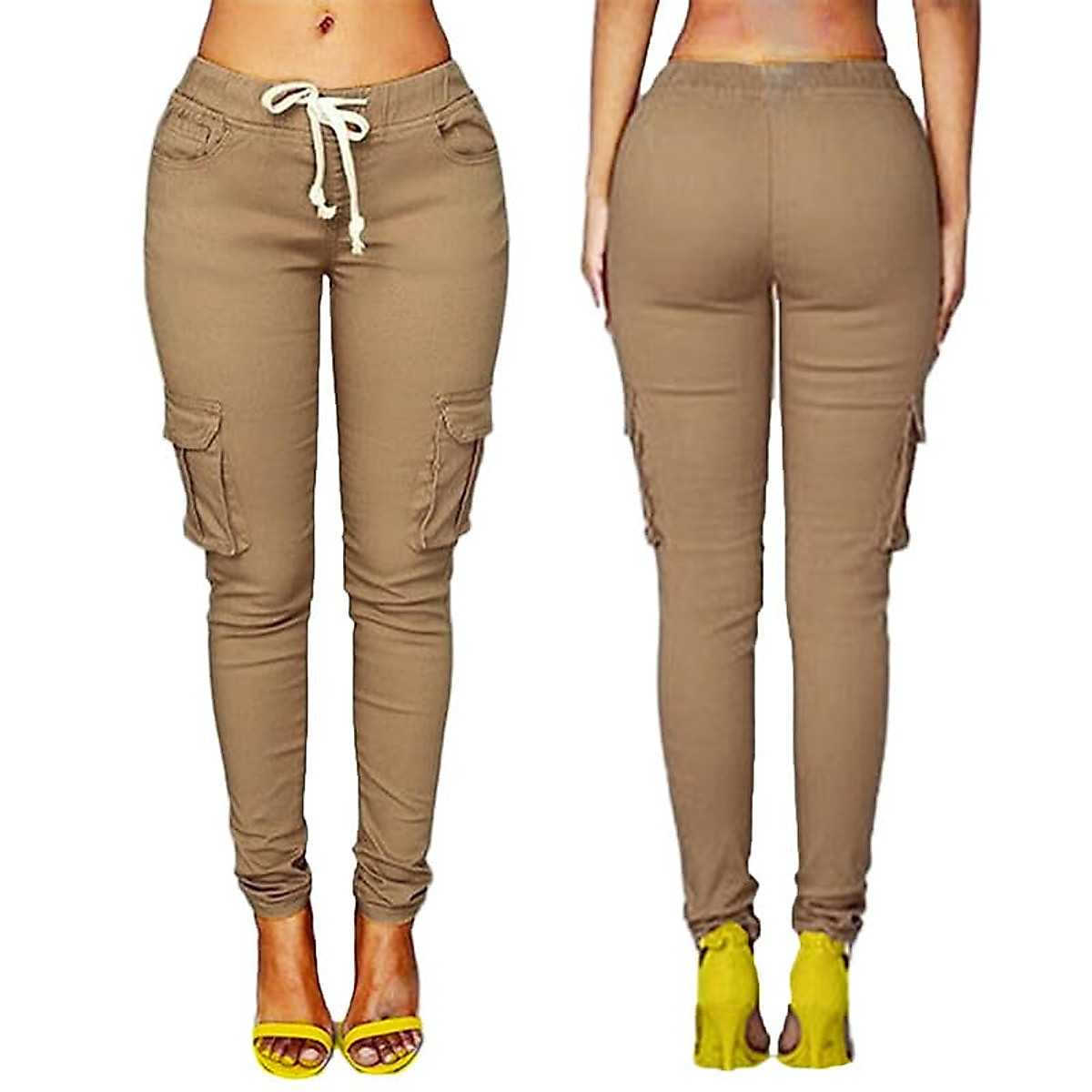 Andongnywell Womens Casual Stretch Drawstring Skinny Pants Cargo Jogger Pants High Waist Tie Butt Lift Pant with Pockets (White,X-Large)