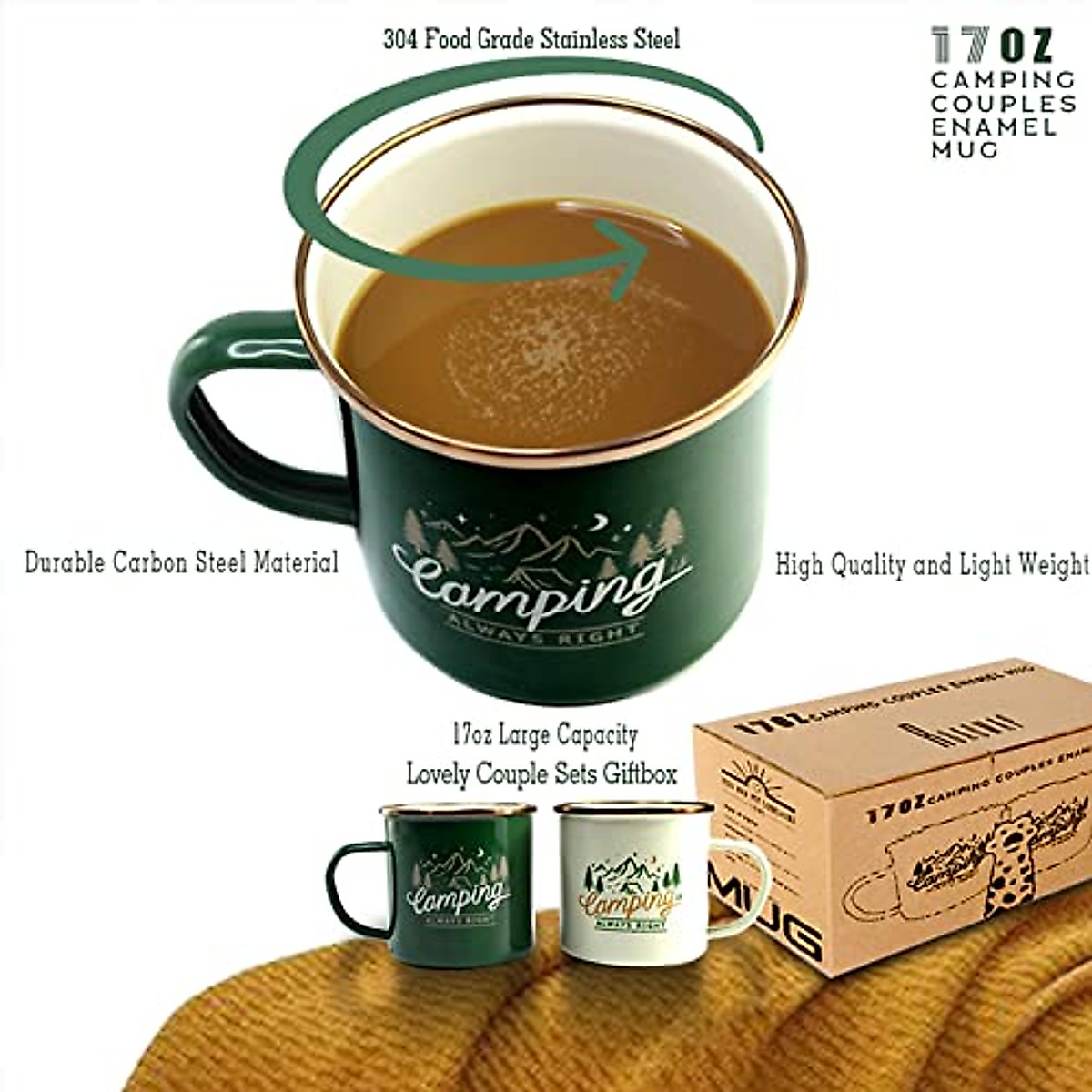 Roadmap Camping Gifts Camping Mugs Set of 2 Travel Holiday Enamel Coffee Cup 17OZ Big Capacity 304SS Golden Rim for Drinking Outdoor Couples Anniversary Wedding Christmas Valentines Day His and Hers