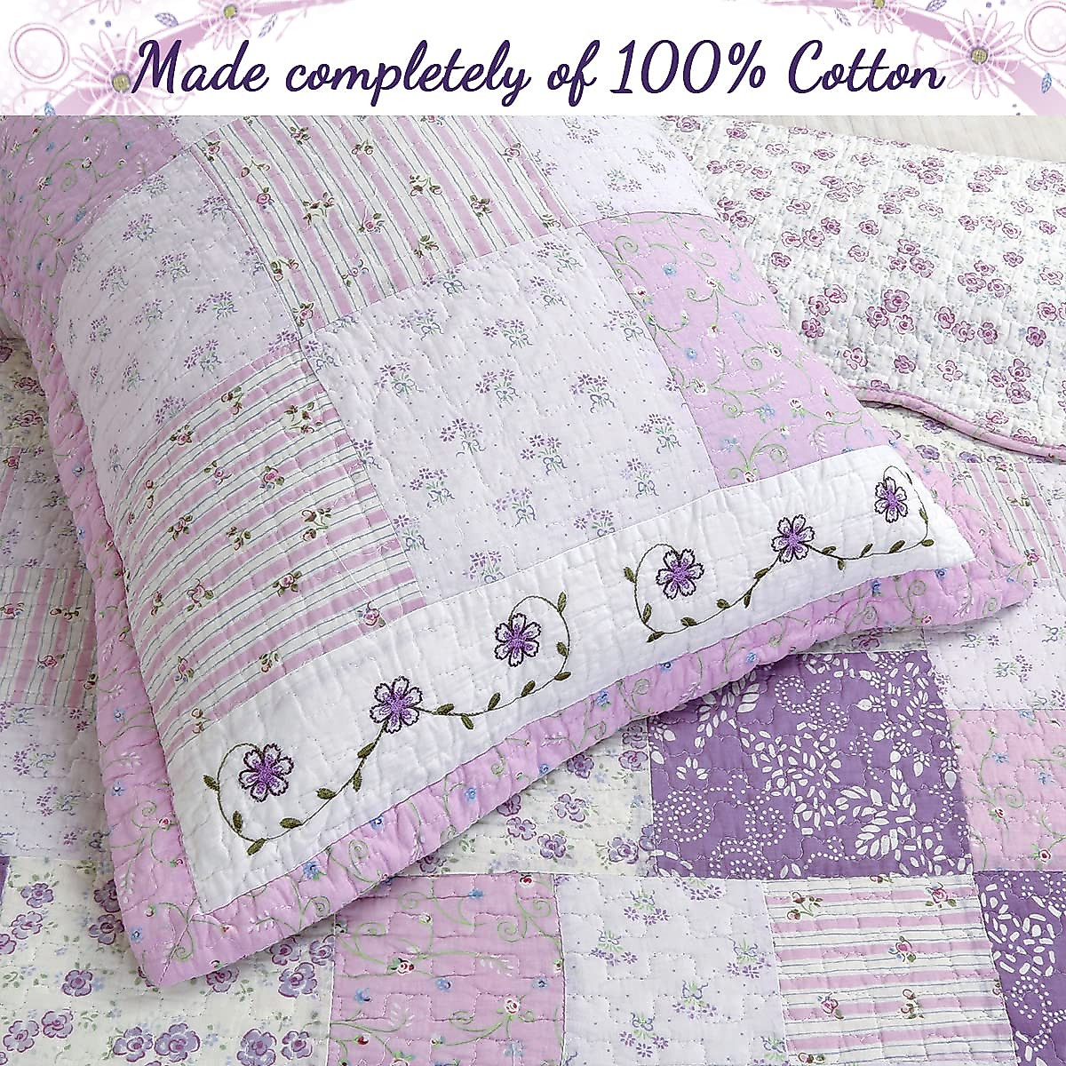 Cozy Line Home Fashions Love of Lilac Bedding Quilt Set, Light Purple Orchid Lavender Chic Lace Floral 100% Cotton Reversible Coverlet, Bedspread (Lilac, Twin - 2 Piece)