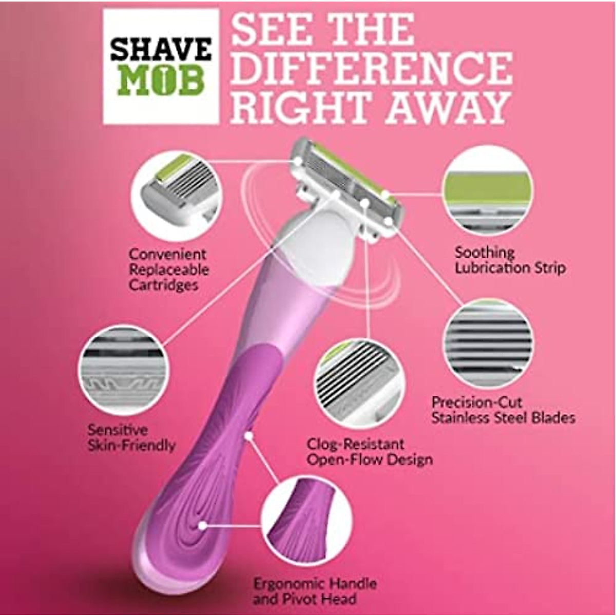 ShaveMOB 4-Blade Women's Razor Kit (Flex Head Handle + 12 Refills) - The Purist Shaving Kit