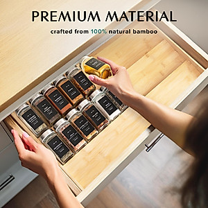 Bamboo Spice Drawer Organizer - Expandable 4 Tier Spice Rack (Need 3" Deep Drawer) 12" to 23" Wide, Seasoning Organizer, Organization Seasoning Rack insert for Kitchen Cabinet (Jars Not Included)