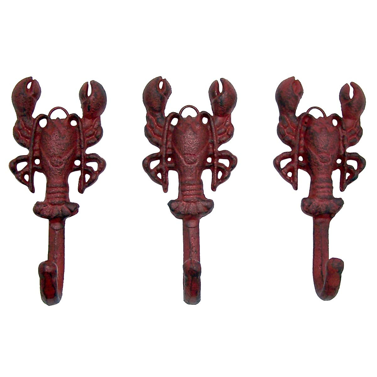 Rustic Red Cast Iron Lobster Wall Hooks, Set of 3, 5 3/4 Inch