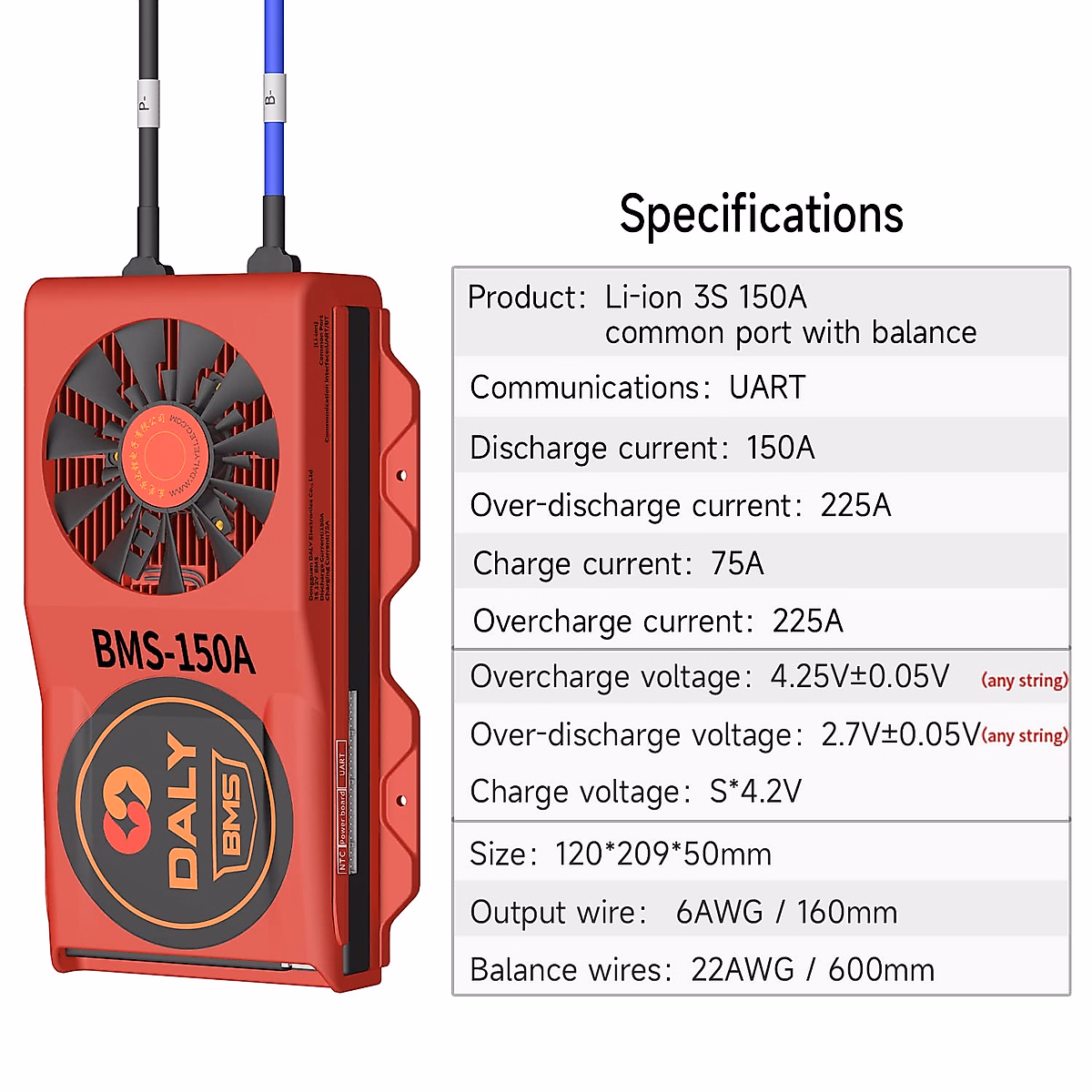 DALY 12V Smart BMS 150A Li-ion 3S Batteries Protecion Board with Cooling Fan and Bluetooth Module for Rated 3.7V Lithium Power Bank(Smart BMS,150A Fan)