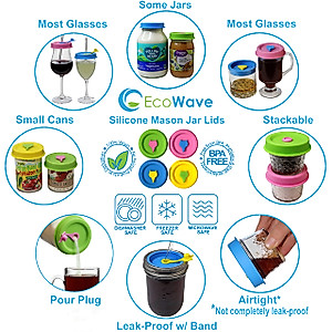 EcoWave Silicone Mason Jar Lids With Straw Hole & Stopper Plug - One Lid Fit Both: Regular Mouth (Push-On) & Wide Mouth (Push-Down) - Mason Jar Drinking & Storage Top, Vegan, Plastic-free, BPA-free