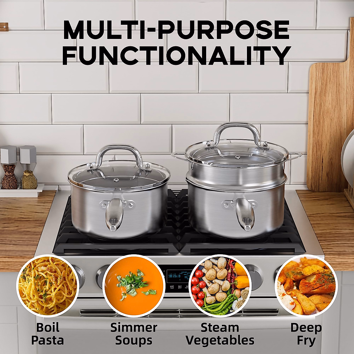 Leetaltree 1.5 Quart Stainless Steel Saucepan with Steamer Basket, Tri-ply Construction, Multipurpose Sauce Pan with Double-sized Drainage Lid - Perfect for Cooking Gravies, Pasta, Vegetable and More