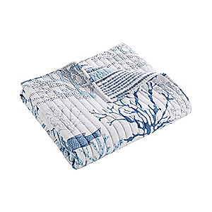 Levtex - Lacey Sea - Quilted Throw - 50x60in. - Coastal Coral - Blue and White - Reversible Pattern - Cotton Fabric