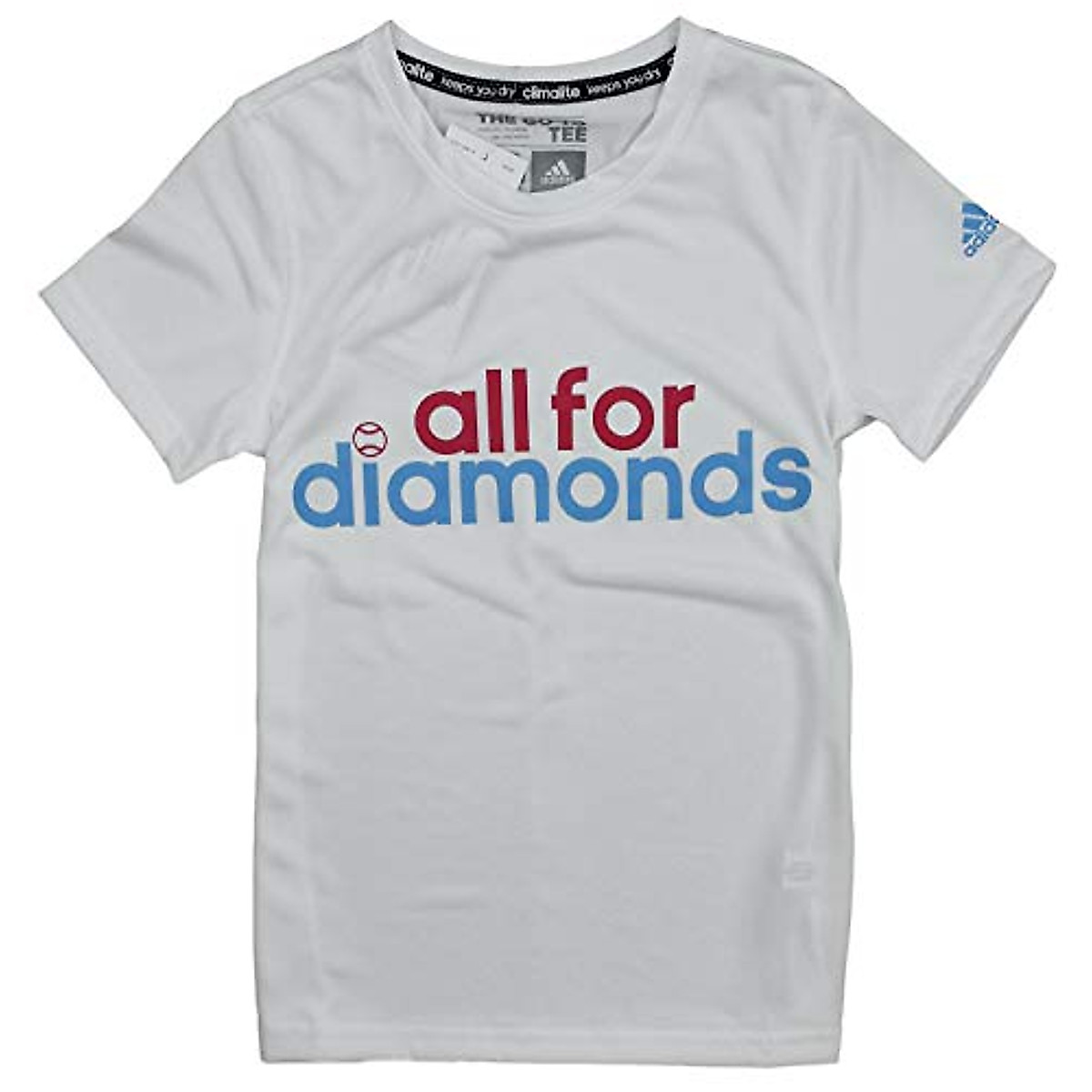 adidas Big Girls All for Diamonds Short Sleeve Climalite Tee (Medium (10/12), White/Blue/Pink)
