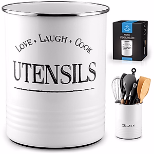 Zulay Large Utensil Crock Storage Organizer - Kitchen Utensil Holder For Countertop With Padded Base - Large Utensil Holder With Rustic Farmhouse Design For Home & Kitchen Decor (White)