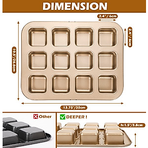 Webake Brownie Cake Pan, 12-Cavity Non-Stick Square Muffin Pan 1.6 Inch Deep Brownie Mold Small Cake Pan Bakeware for Oven Baking (Champagne Gold)