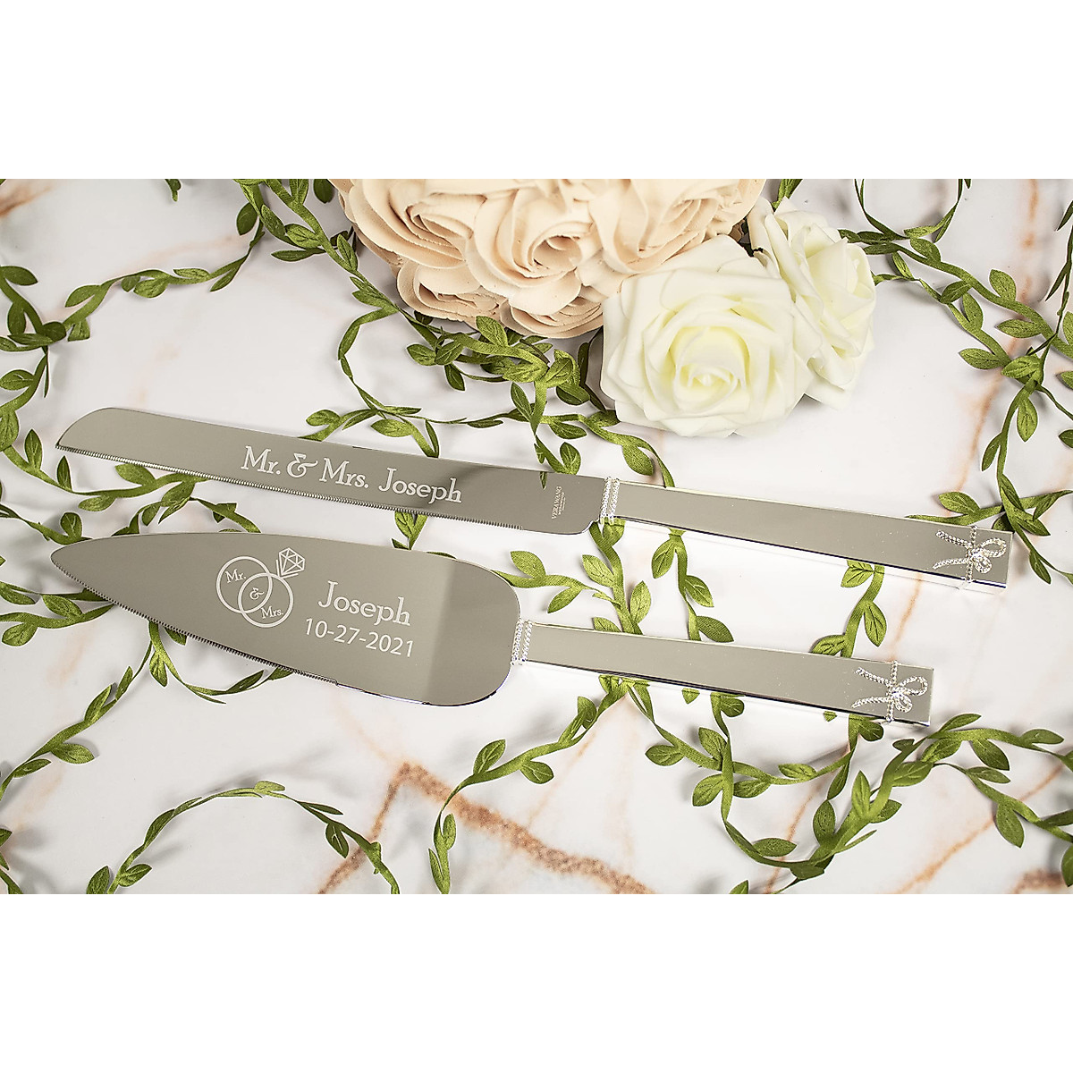 Vera Wang Bridal Love Knots Silver Personalized Wedding Cake Knife and Server Set, Custom Engraved Wedding Cake Cutting Set, Accessories and Gifts for the Bride and Groom