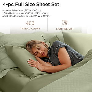 Threadmill Egyptian Cotton Full Size Sheet Set | 100% Certified Egyptian Cotton Sheets for Full Size Bed | Full Bed Sheets Set 16" Deep Pocket | Soft Sateen 4-Piece Cooling Bedding Set | Sage Green